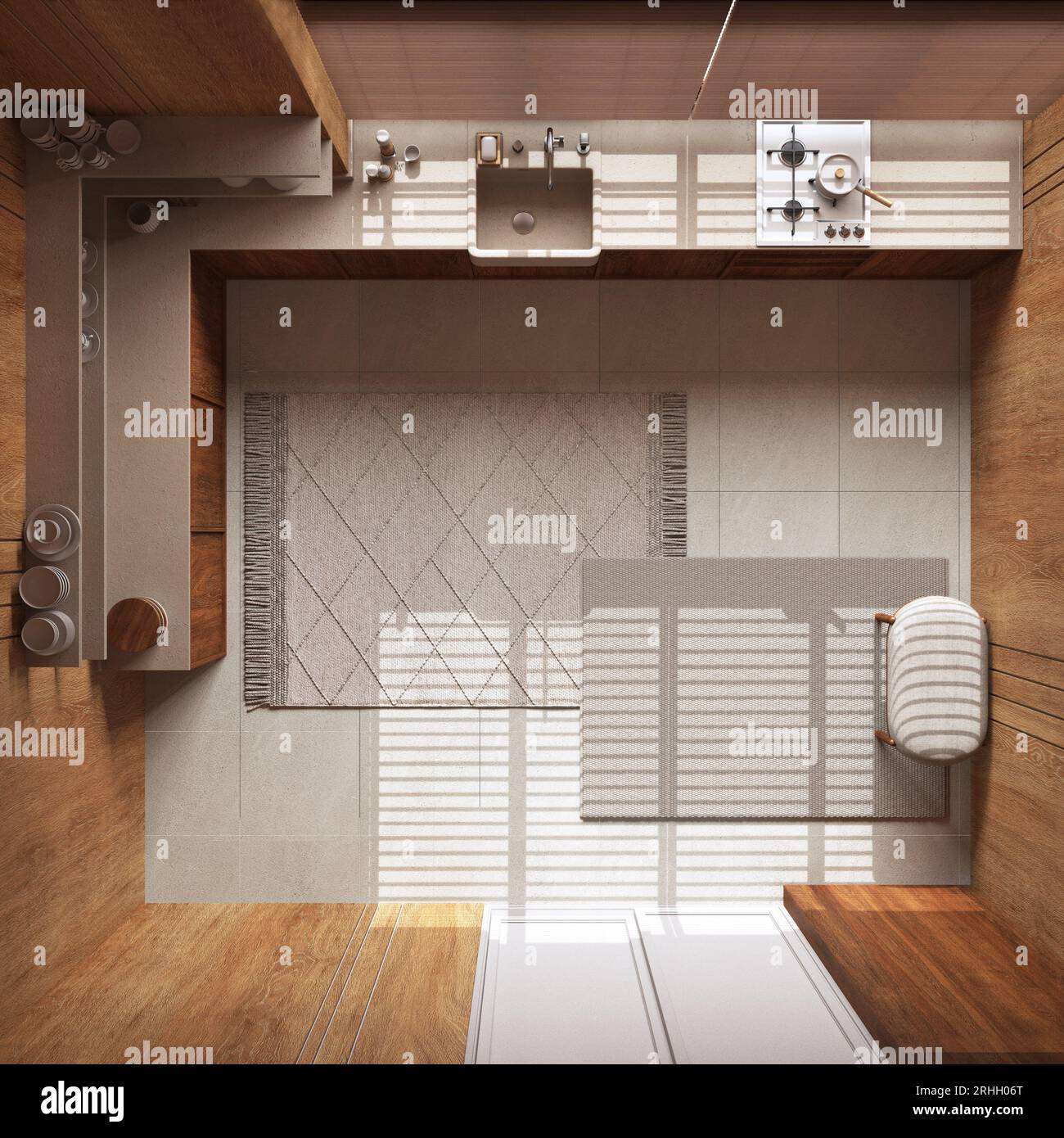 Contemporary wooden kitchen in beige tones. Cabinets and shelves, sink ...