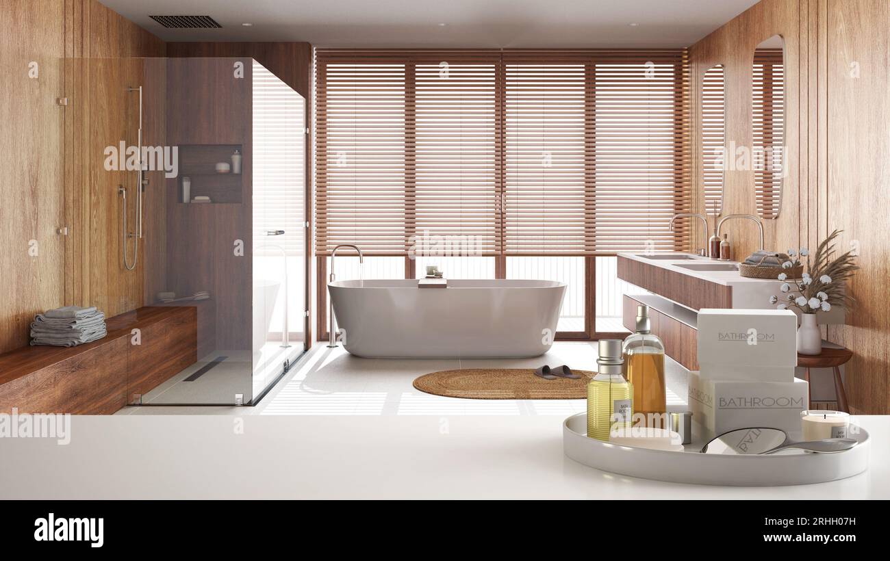 Spa, hotel bathroom concept. White table top or shelf with bathing ...