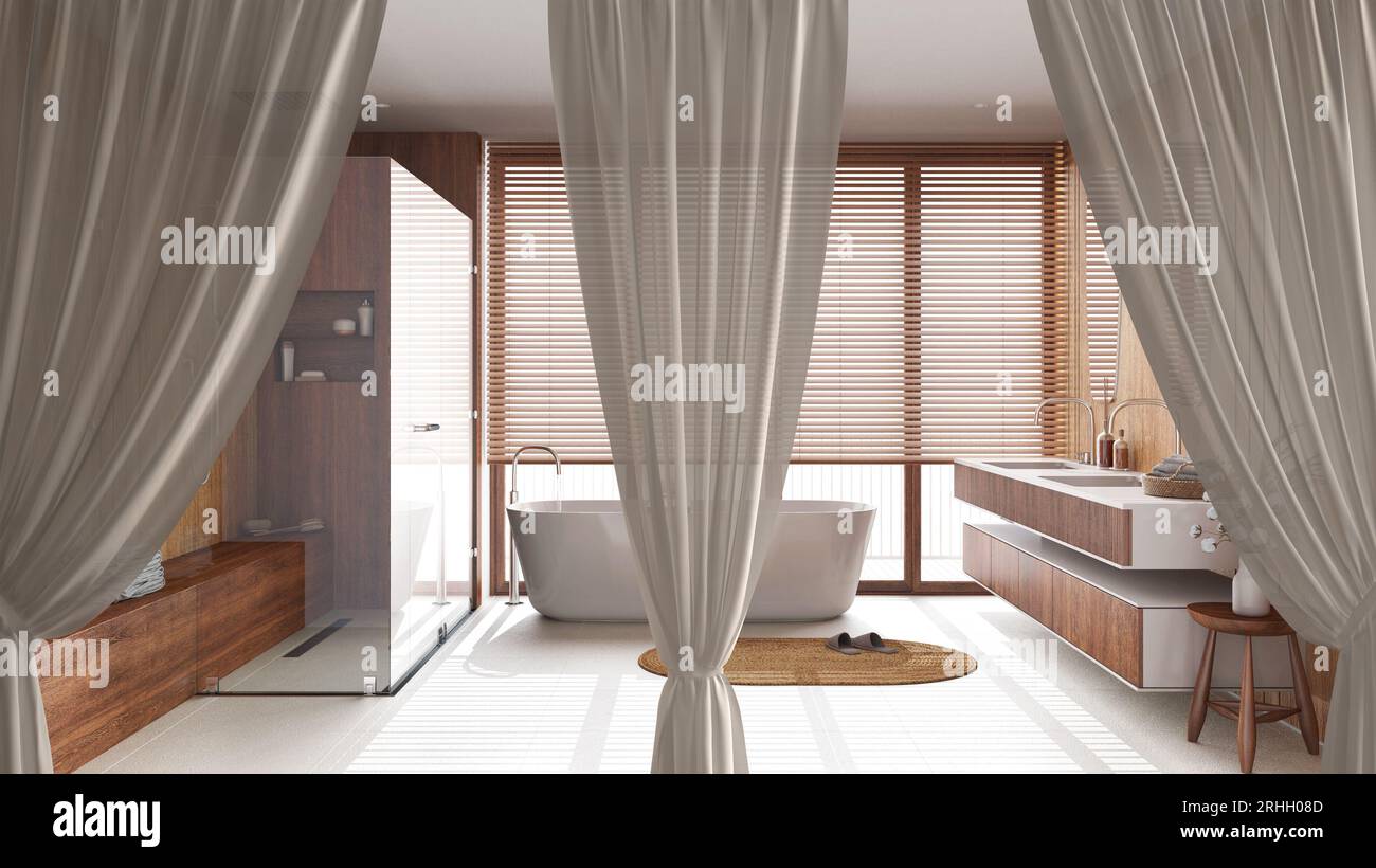 White openings curtains overlay minimal wooden bathroom with bathtub ...