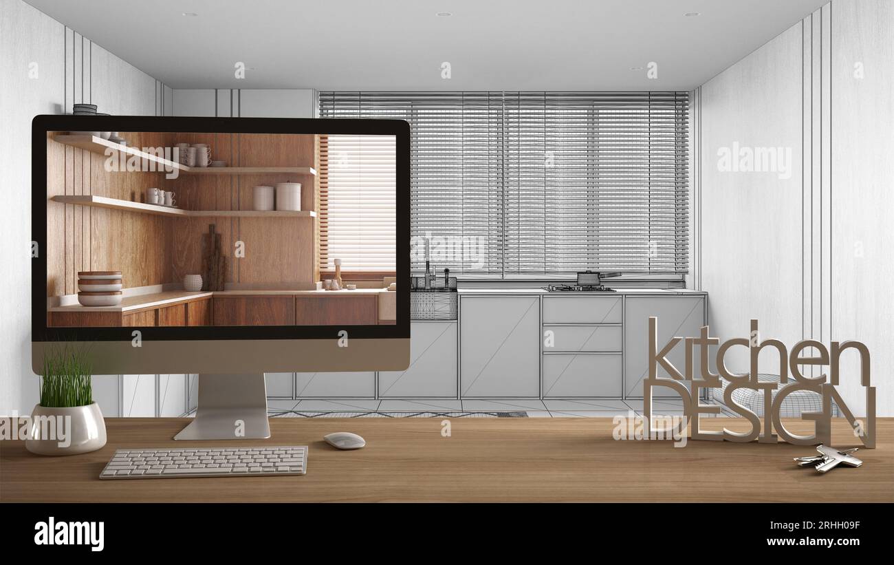 Architect designer project concept, wooden table with keys, 3D letters ...