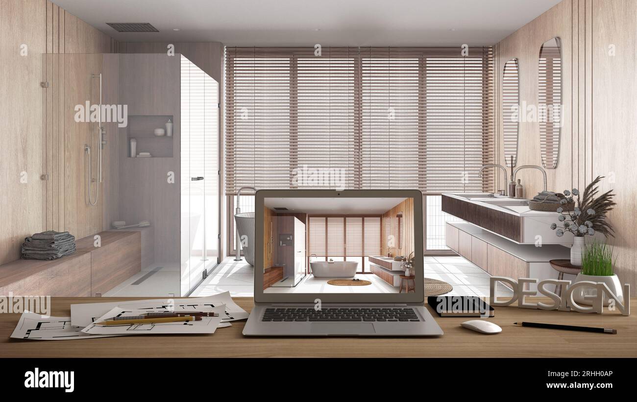 Architect designer desktop concept, laptop on wooden work desk with ...