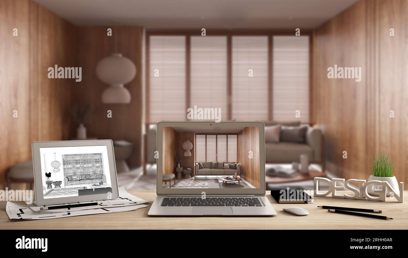 Architect designer desktop concept, laptop and tablet on wooden desk ...