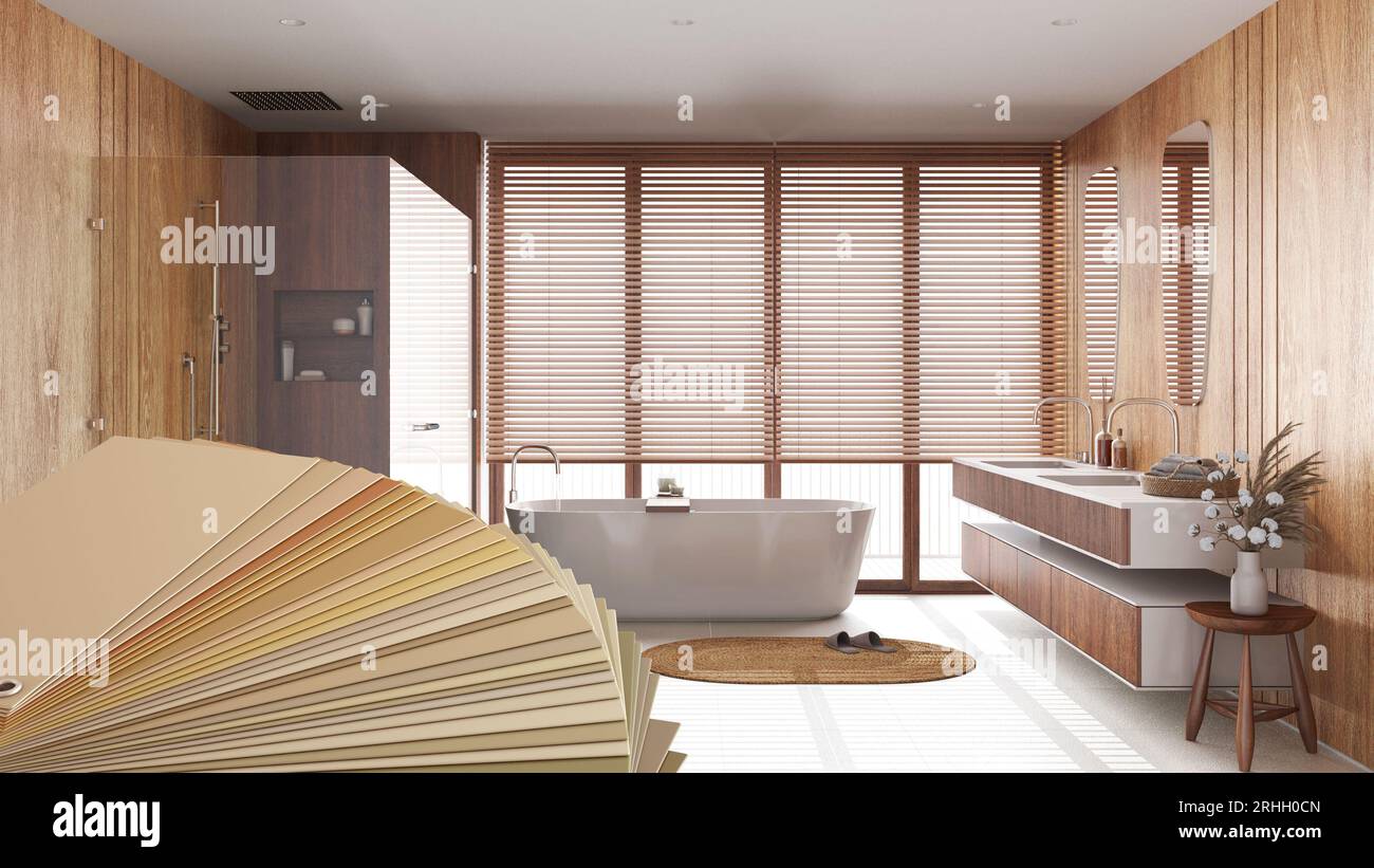 Color palette close up sample. Paint selection catalog over interior ...