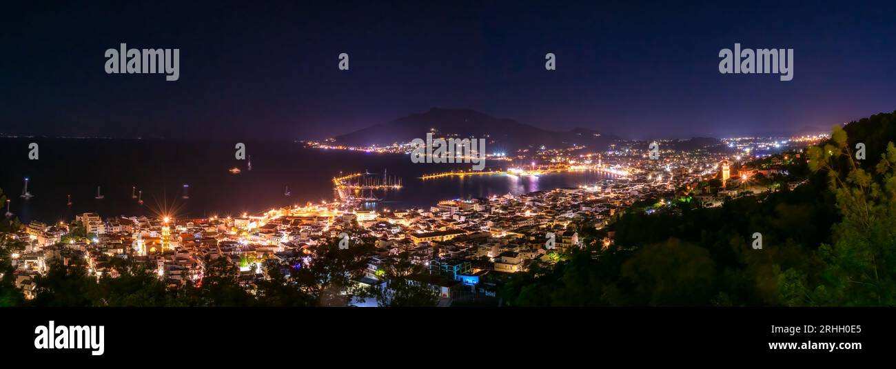 Panoramic night view of Zakynthos island in Greece. View from Bochali ...