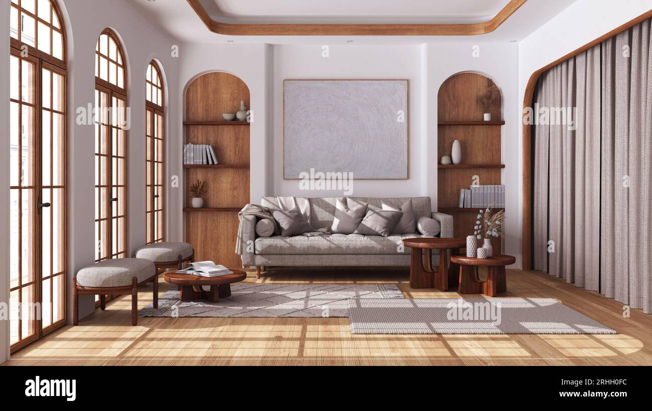 Modern wooden living room with parquet and arched windows. Fabric sofa ...