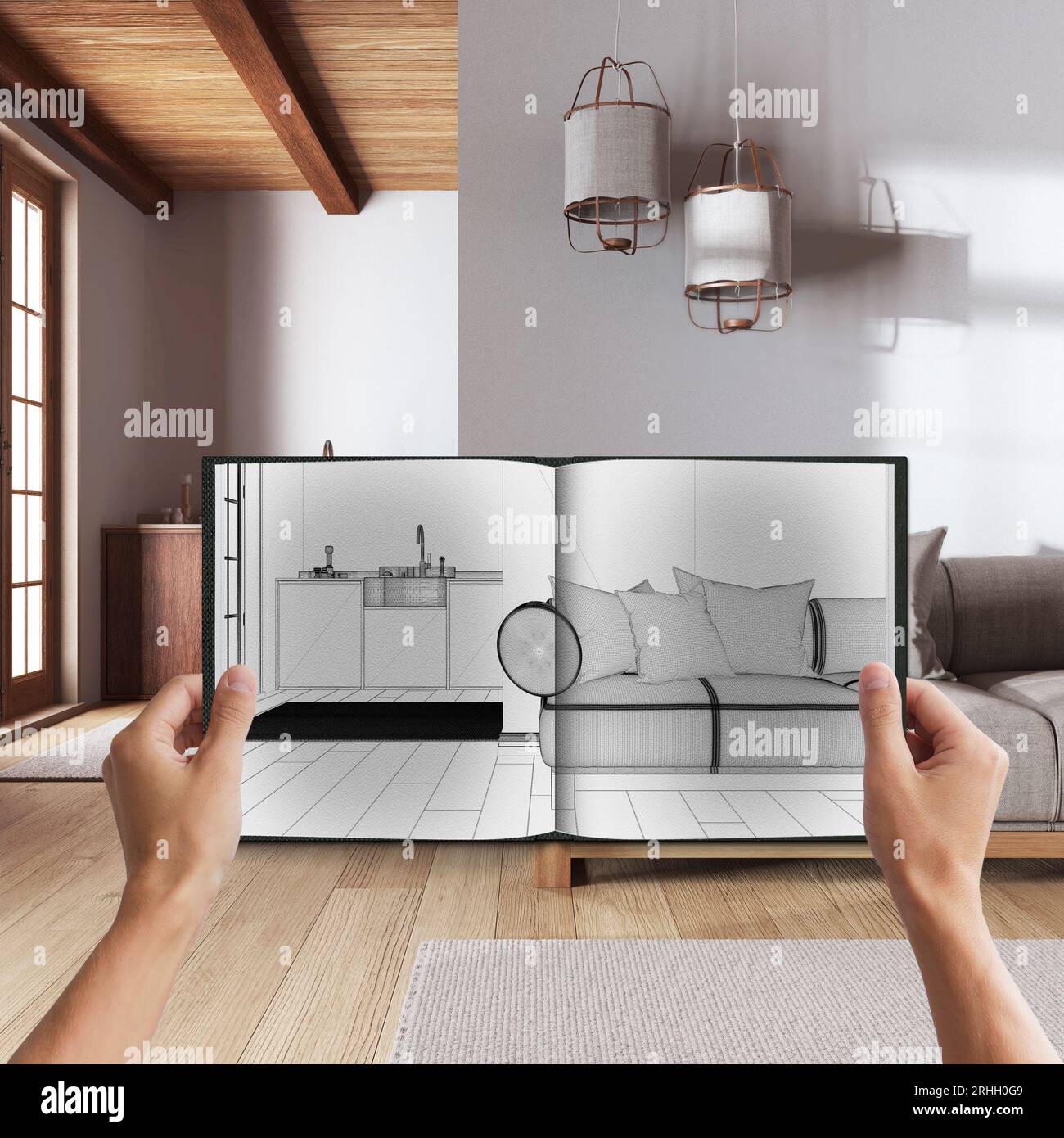 Hands holding notepad with living room and kitchen blueprint sketch or ...