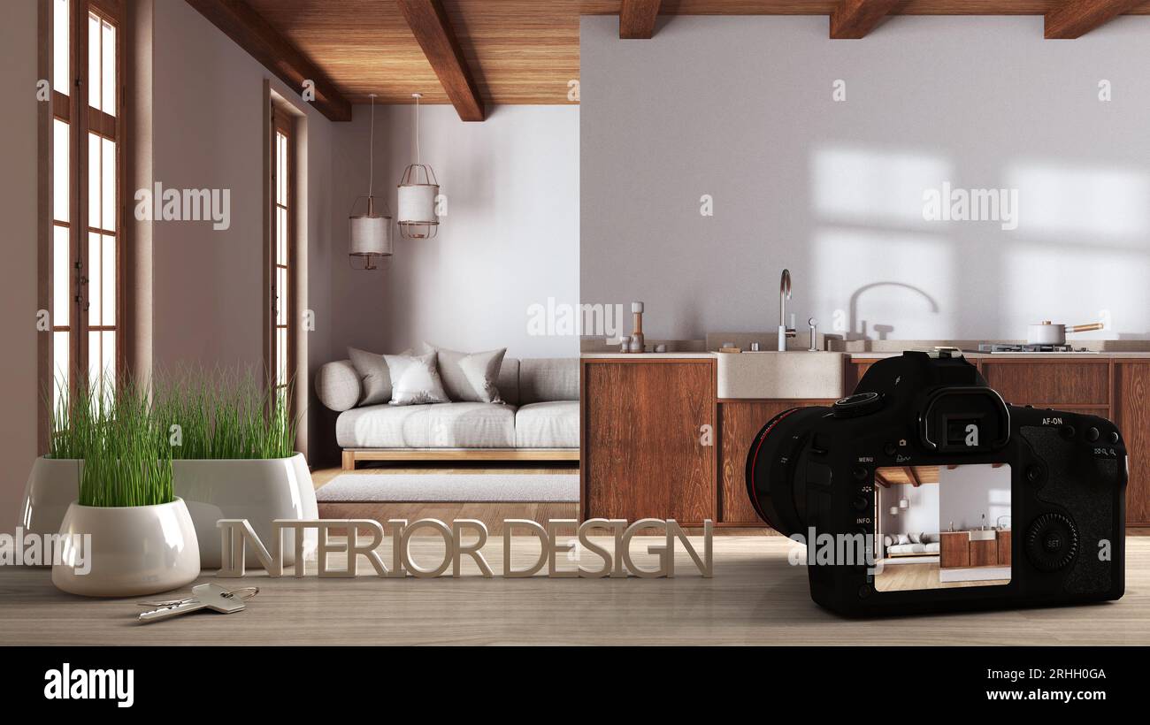 Architect photographer designer desktop concept, camera on wooden work ...