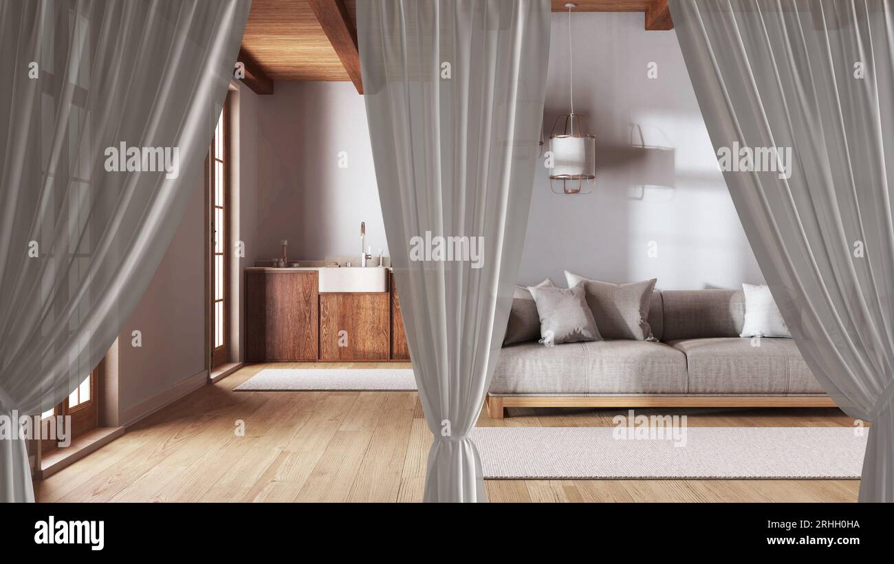 White openings curtains overlay japandi living room and kitchen, fabric ...