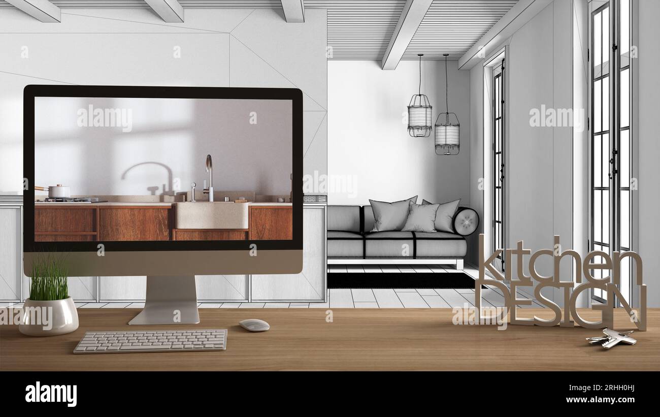 Architect designer project concept, wooden table with keys, 3D letters ...