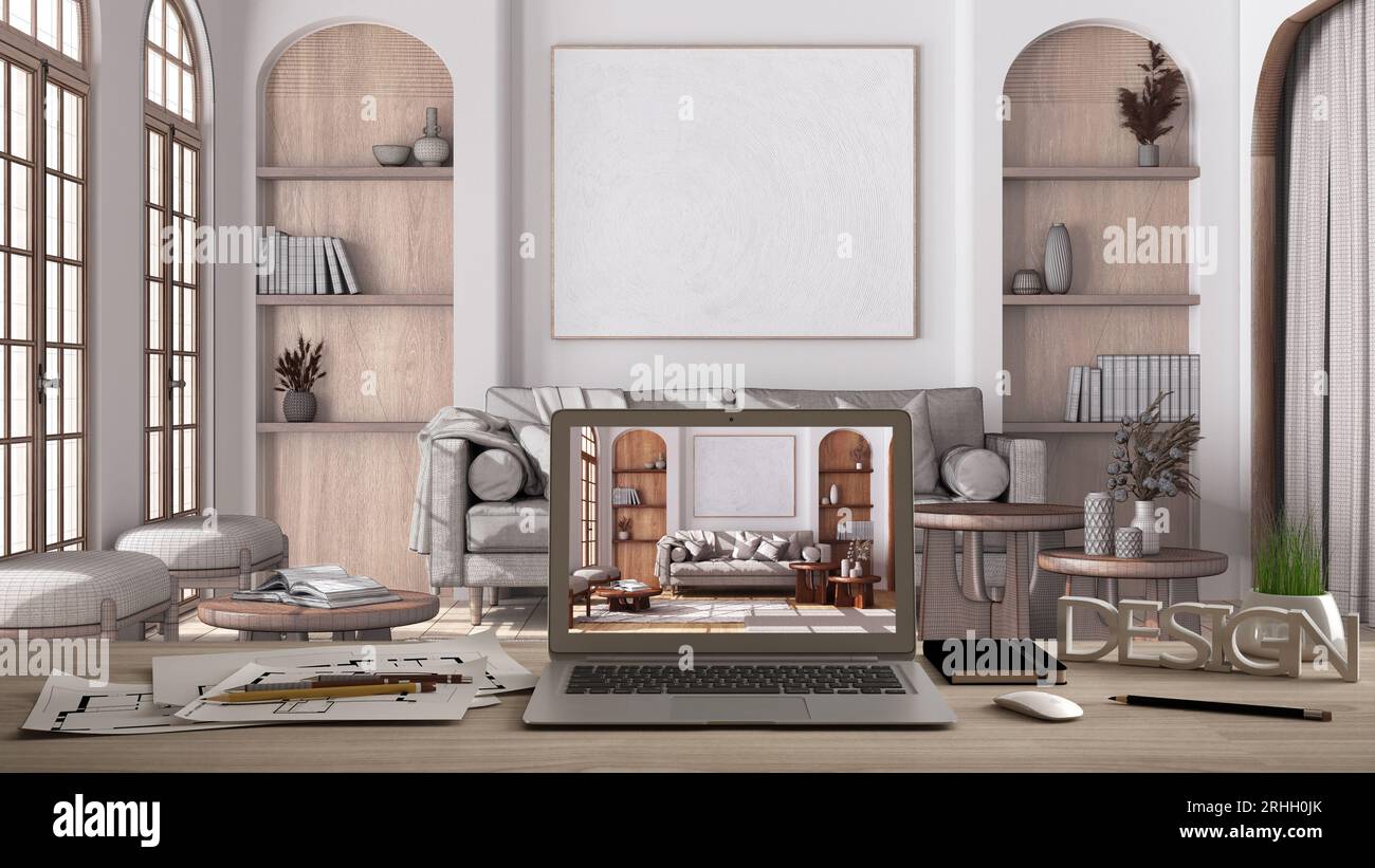 Architect designer desktop concept, laptop on wooden work desk with ...