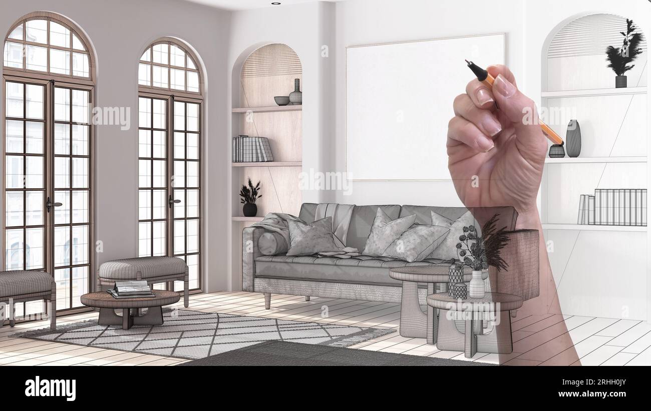 Hand drawing custom country farmhouse living room with fabric sofa and ...