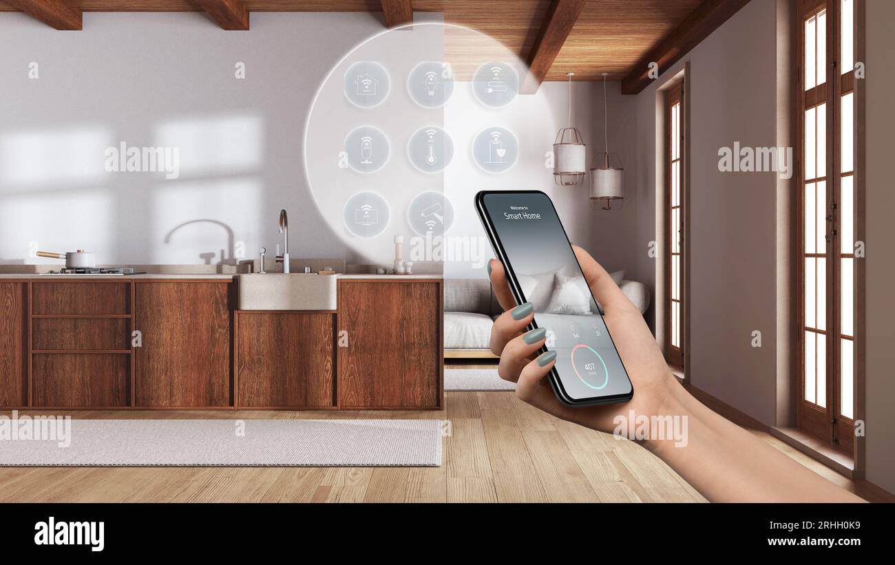 Smart home technology interface on phone app, augmented reality ...