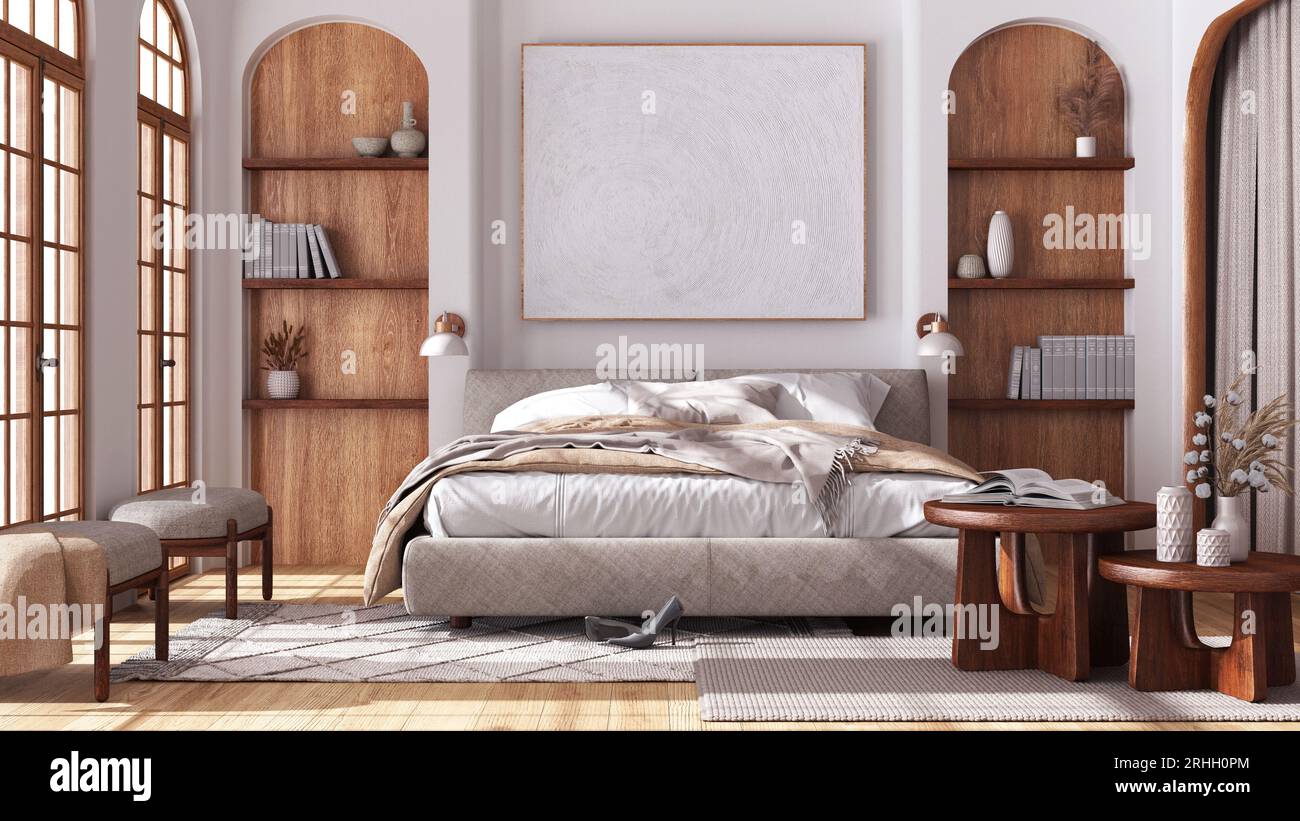 Contemporary wooden bedroom with parquet and arched windows. Double bed ...