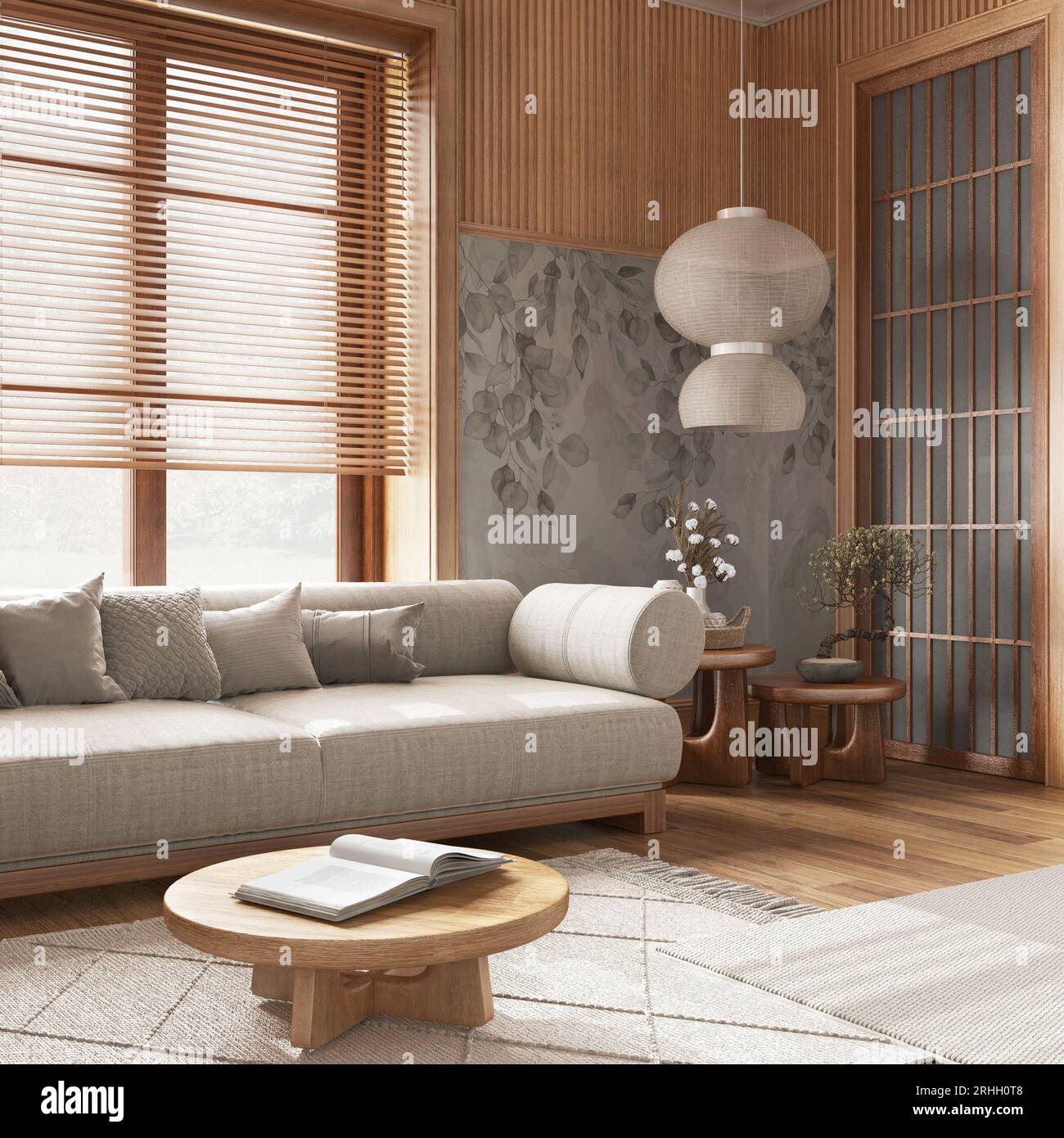 Japandi living room with wallpaper and wooden walls in white and beige ...