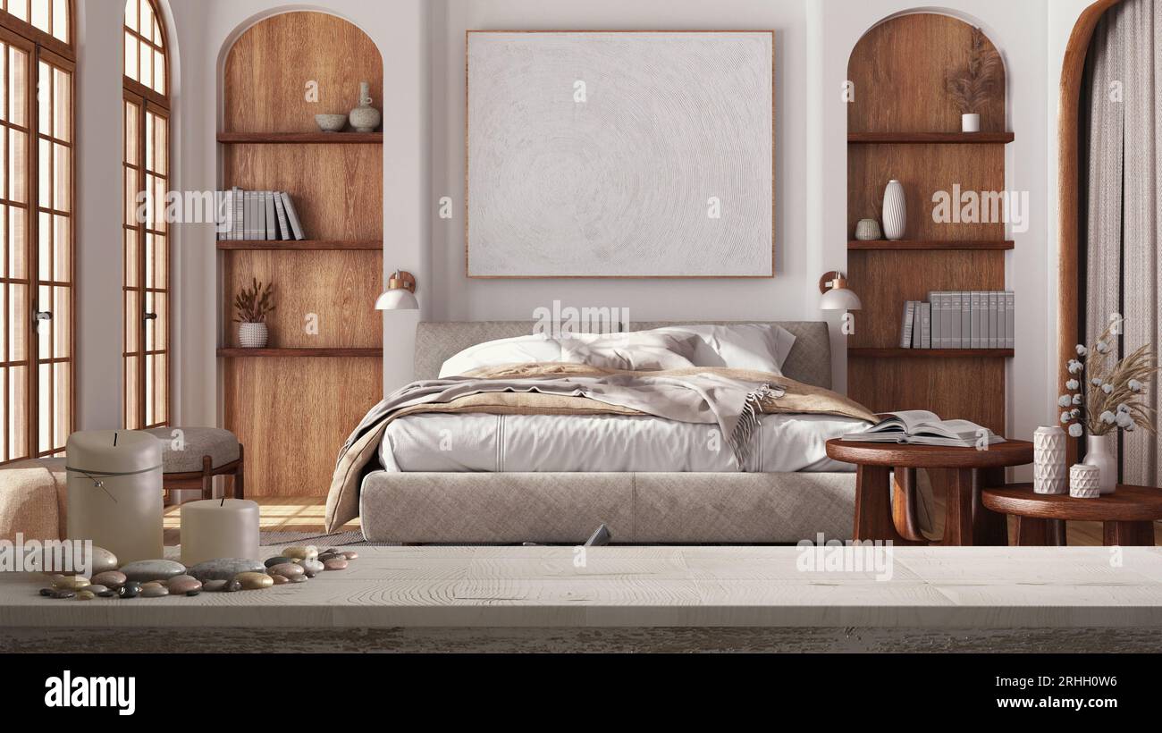 Wooden vintage table top or shelf with candles and pebbles, zen mood, over modern japandi ...