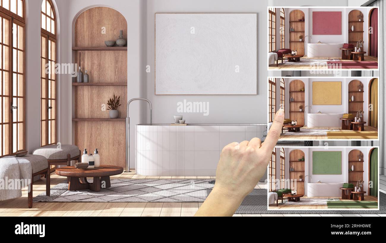 Architect designer concept, hand showing modern bathroom with bathtub ...