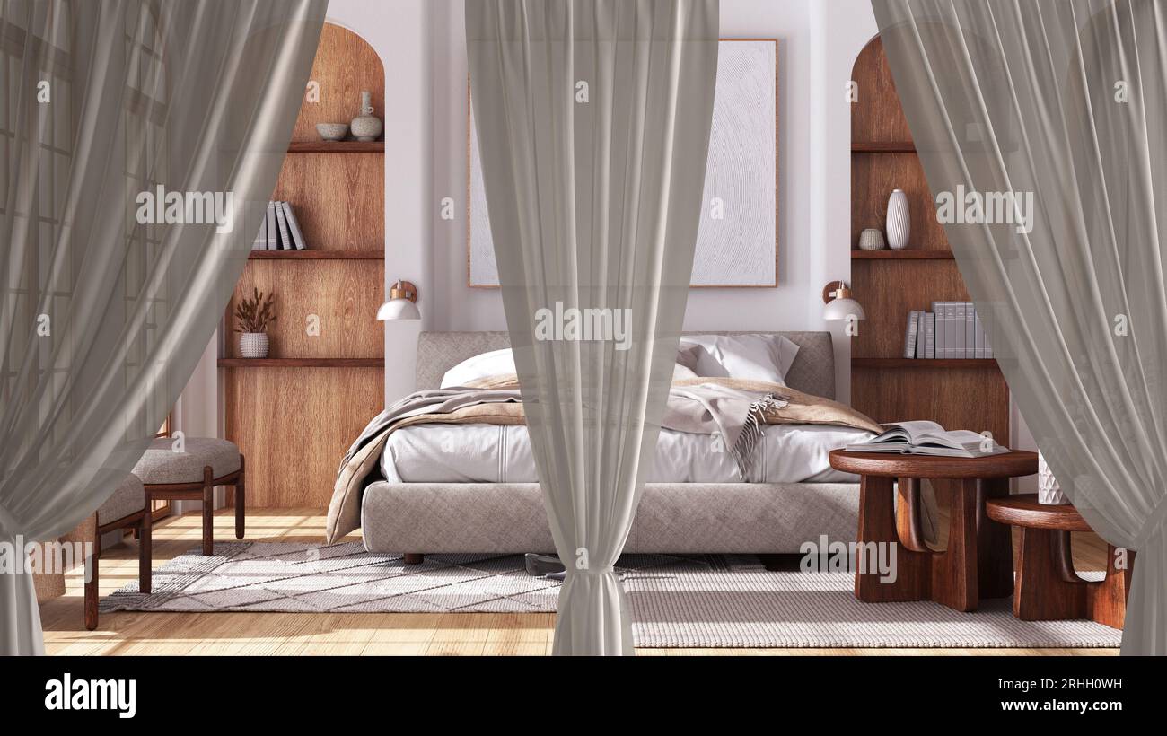 White openings curtains overlay japandi bedroom, interior design ...