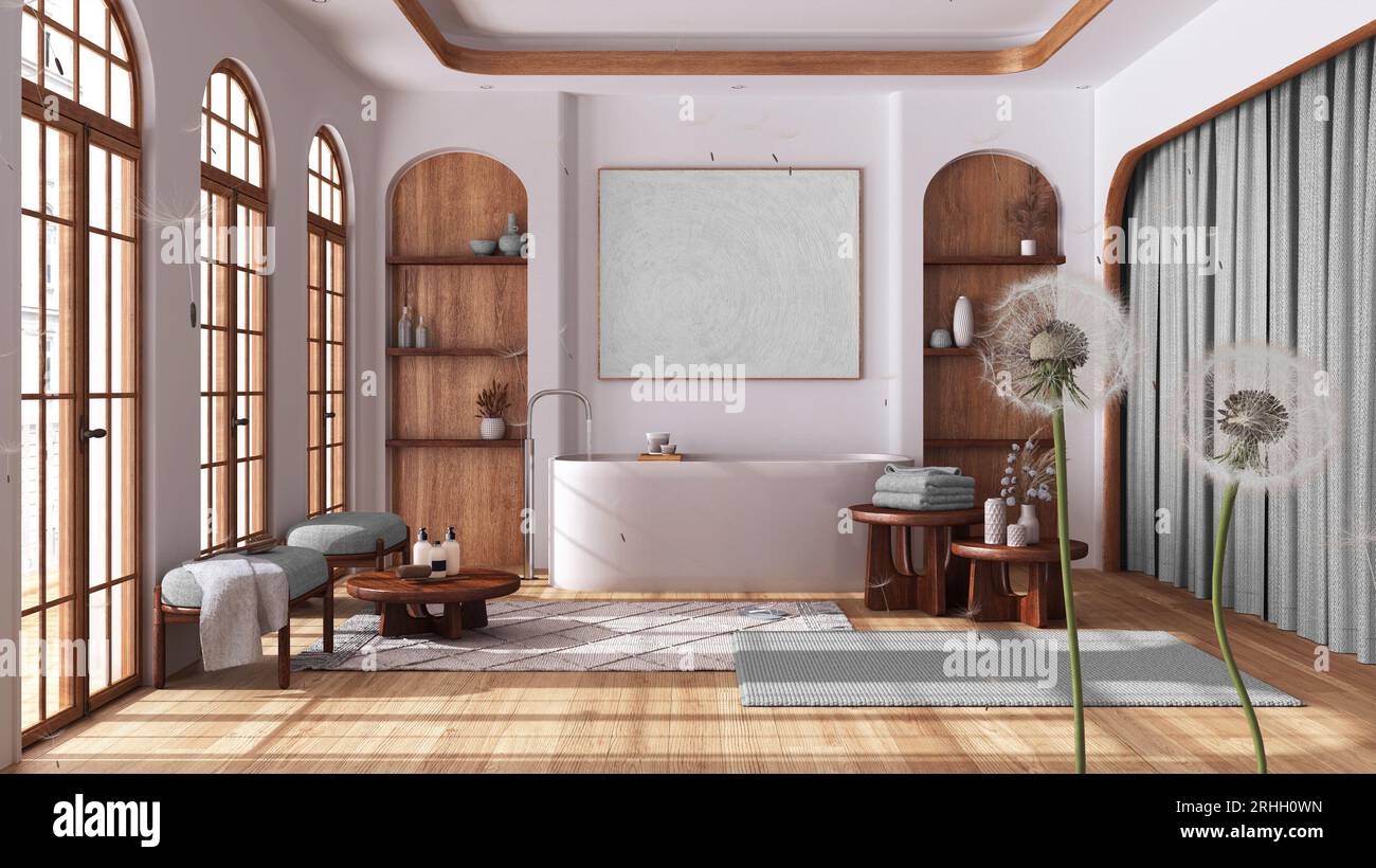 Fluffy airy dandelion with blowing seeds spores over minimalist ...