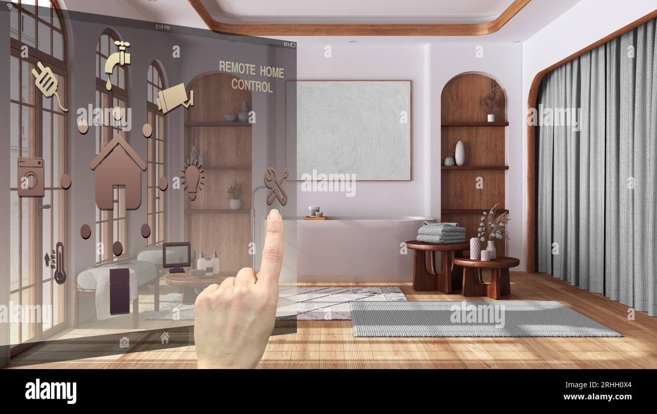 Smart home control concept, hand controlling digital interface from ...