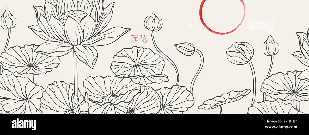 Freehand of a lotus with thin graceful lines against and red Enso zen ...