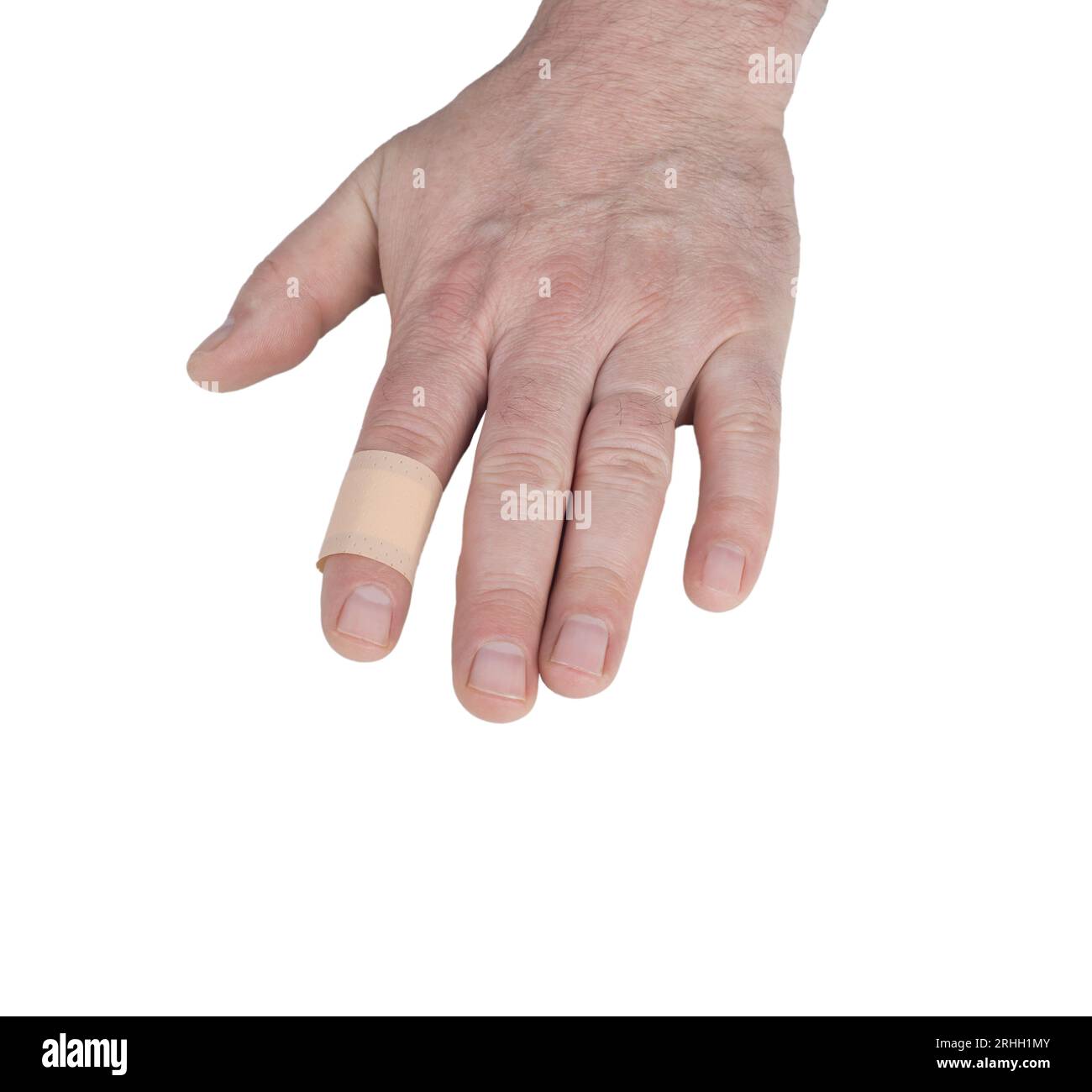 a male hand with a plaster on the index finger with the transparent ...