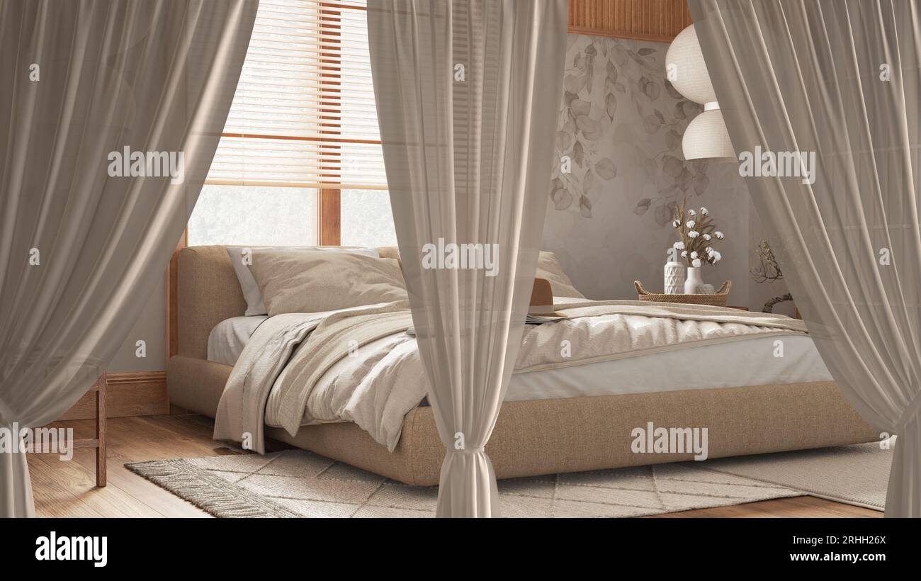 White openings curtains overlay japandi bedroom, interior design ...