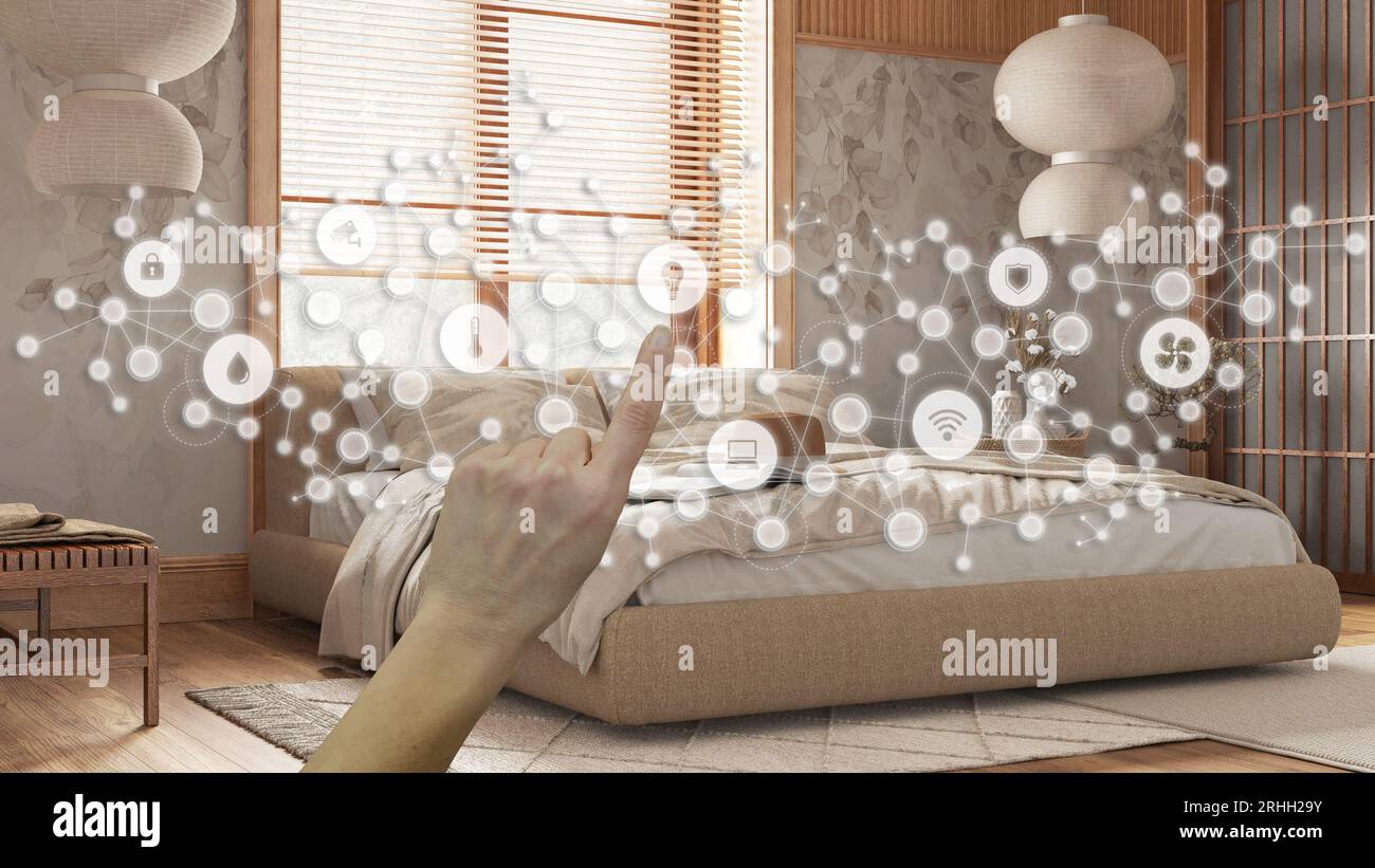 Glowing smart home interface, geometric background, connected line and ...