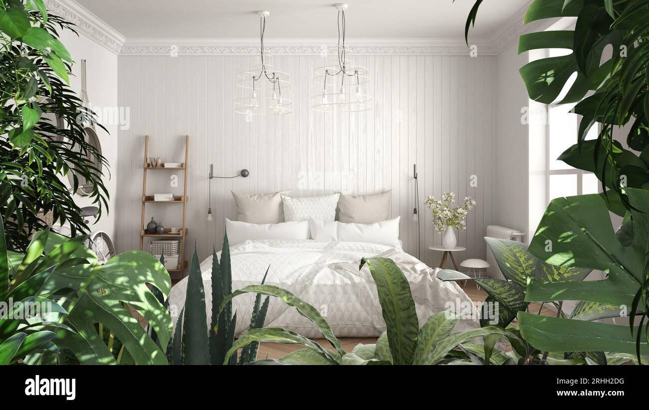 Jungle frame, biophilic idea. Tropical leaves over scandinavian white ...