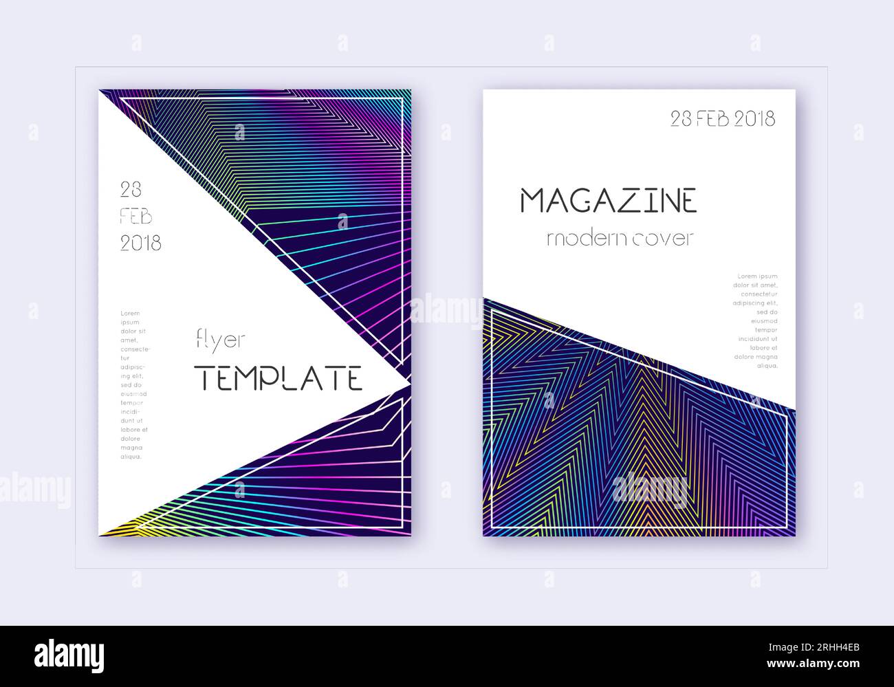 Triangle cover design template set. Rainbow abstract lines on dark blue ...