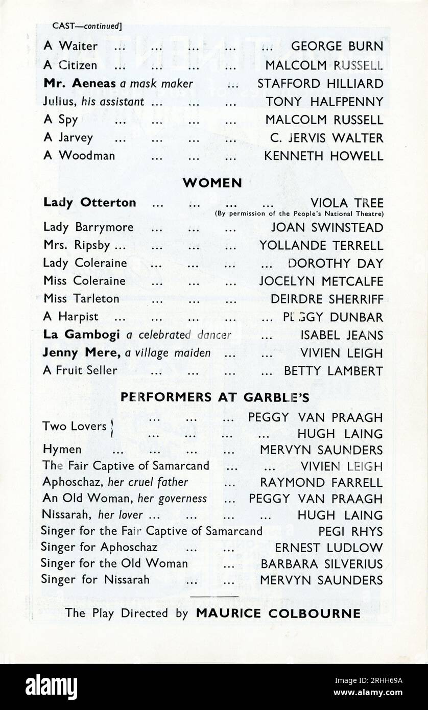 Inside page of Programme listing part of cast for IVOR NOVELLO ISABEL ...