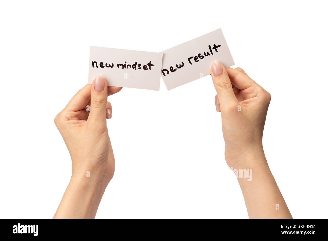 New mindset - new result text on a card in a woman hand isolated on a ...