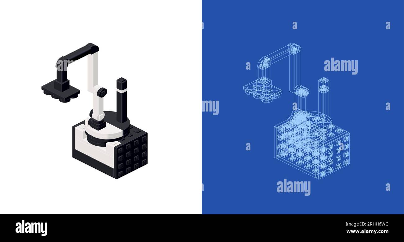 Concept with industrial robot loader in isometric style for print and ...