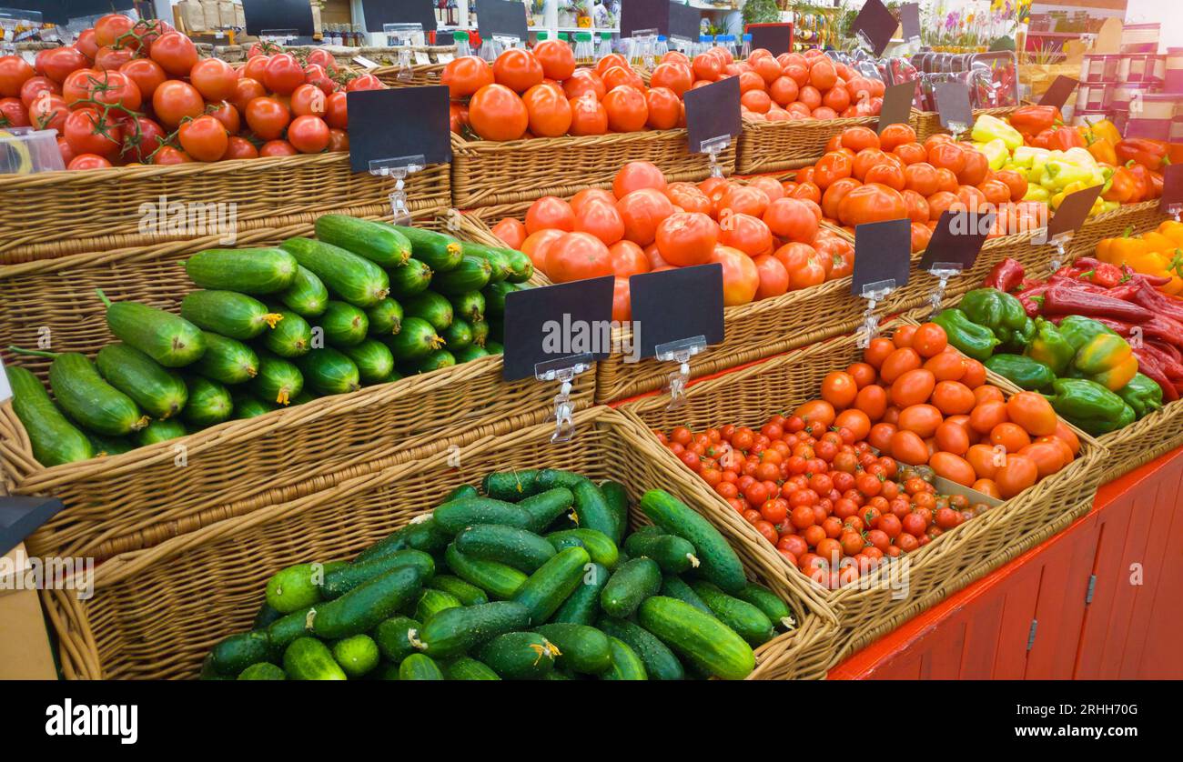 Food market vegetables with blank price tag labels. Various fresh ripe ...