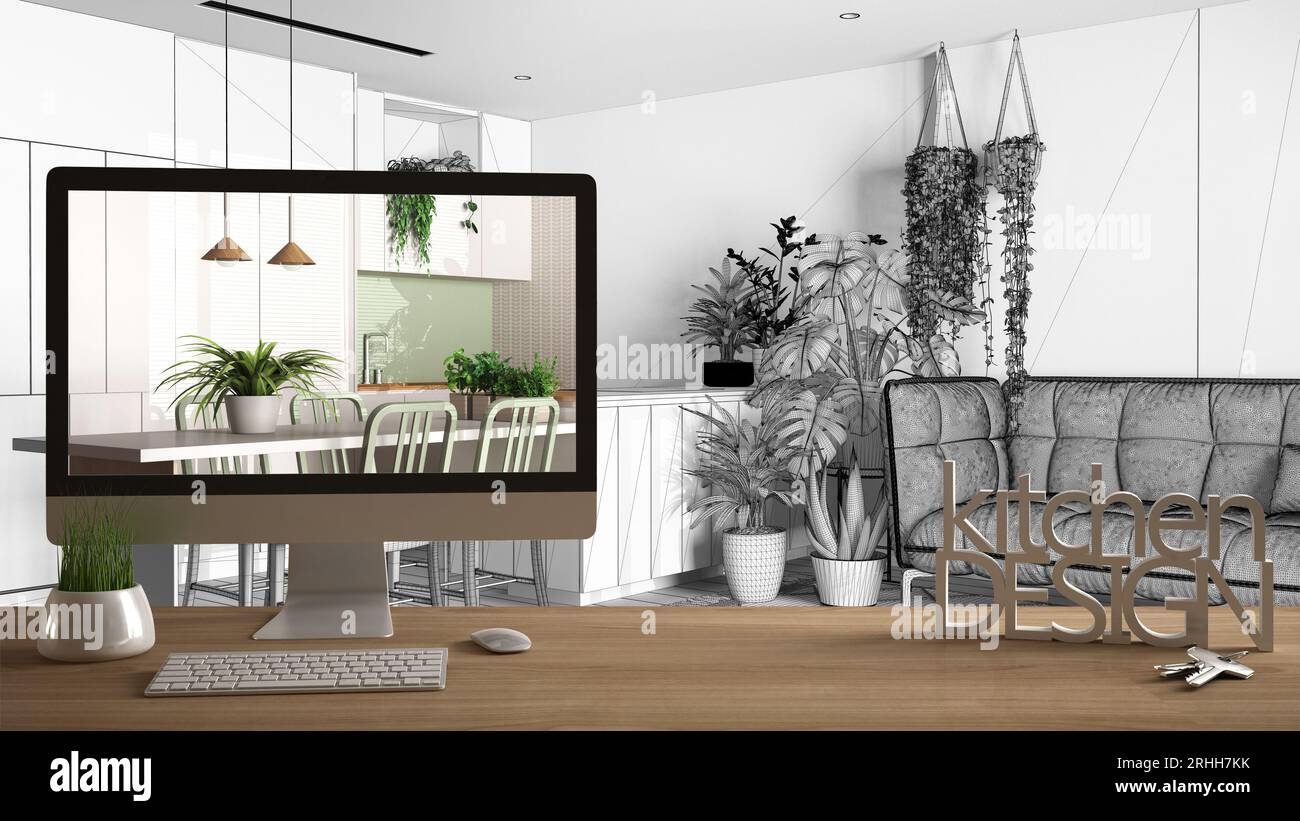 Architect designer project concept, wooden table with house keys, 3D ...