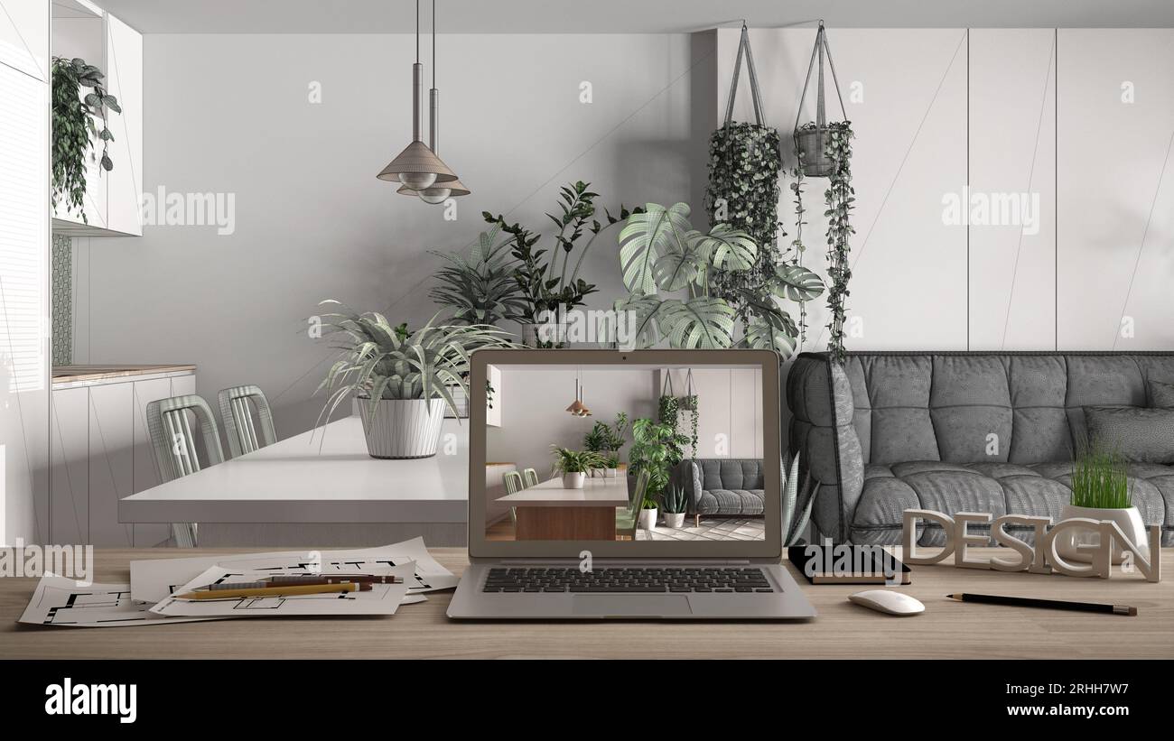 Architect designer desktop concept, laptop on wooden work desk with ...