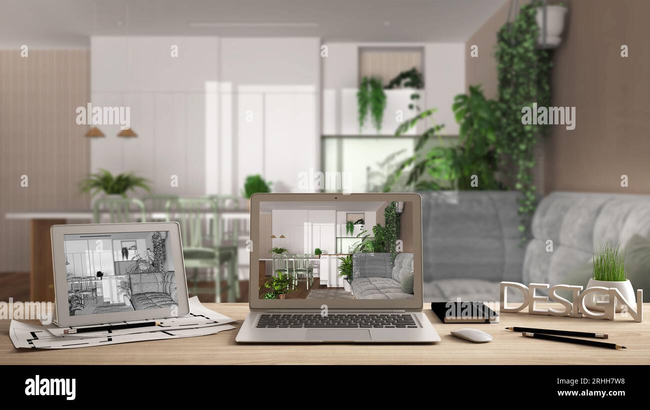 Architect designer desktop concept, laptop and tablet on wooden desk ...