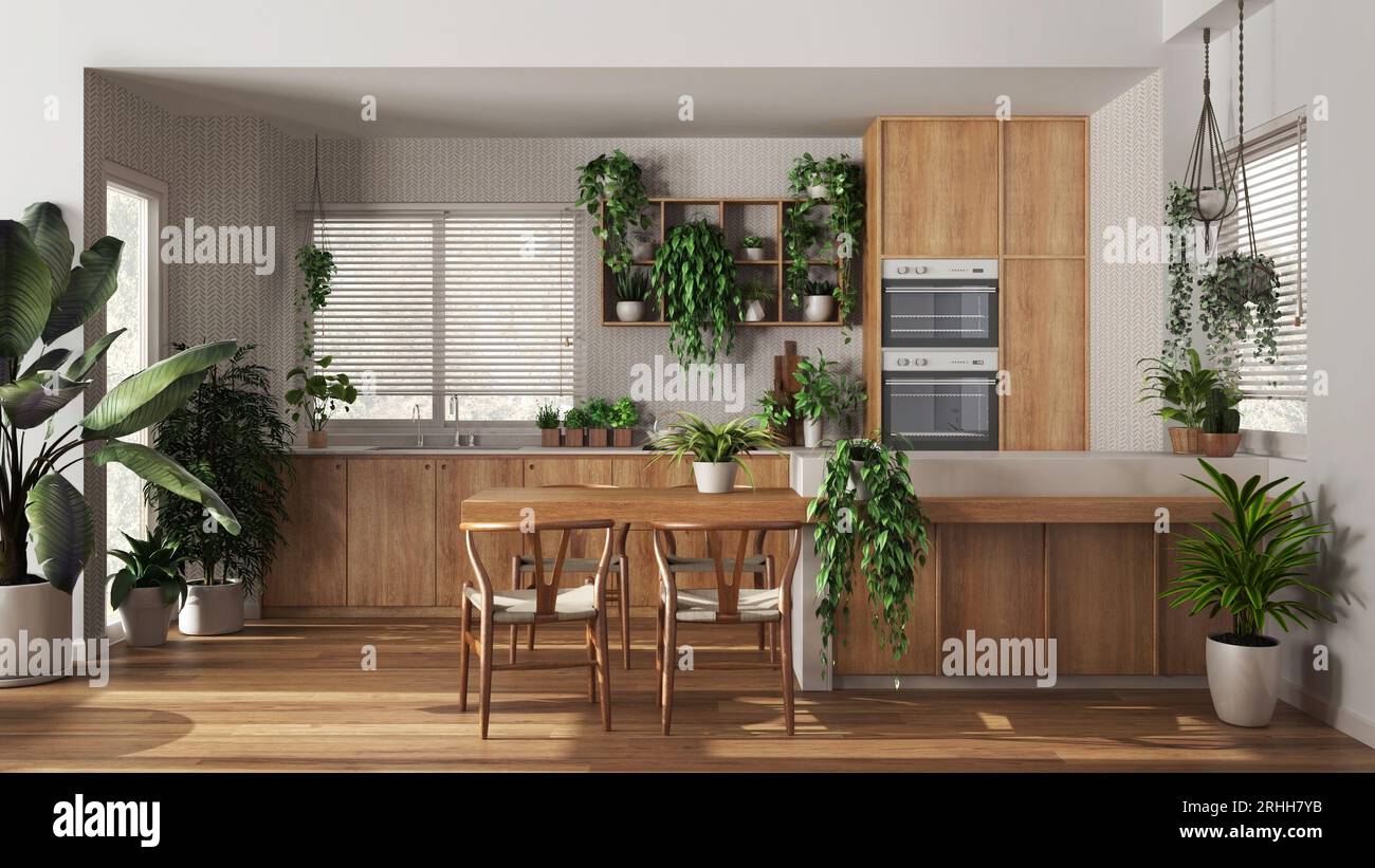 Urban jungle interior design, wooden kitchen in white and beige tones ...