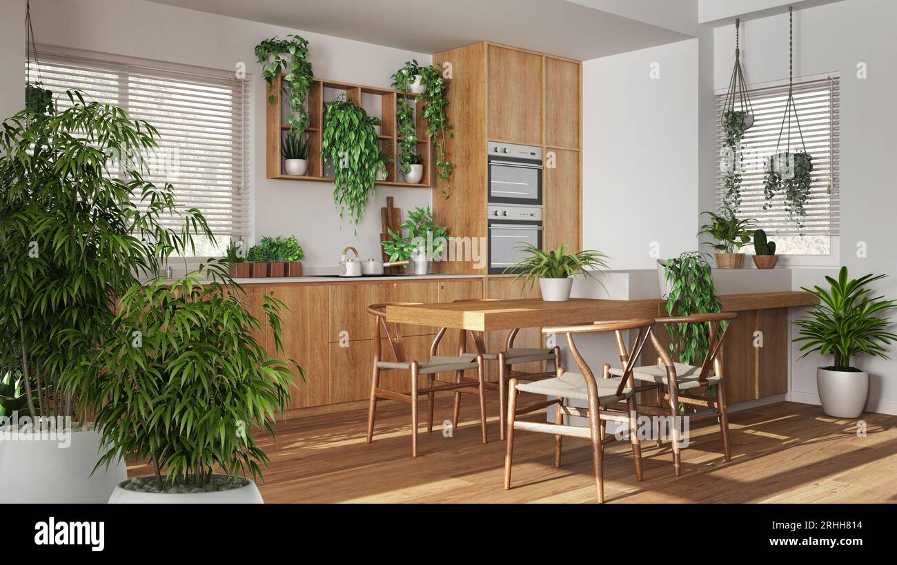Zen interior with potted bamboo plant, natural interior design concept, kitchen with island and ...