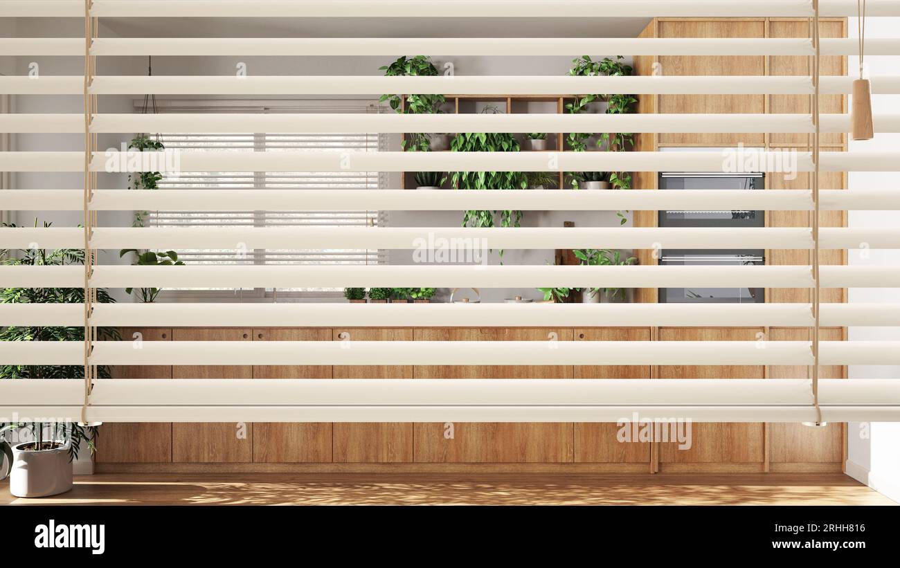 White venetian blinds close up view, over kitchen with island and ...