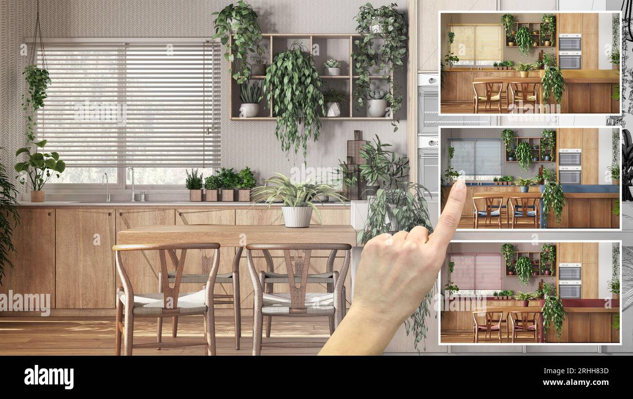 Architect designer concept, hand showing modern dining room and kitchen ...