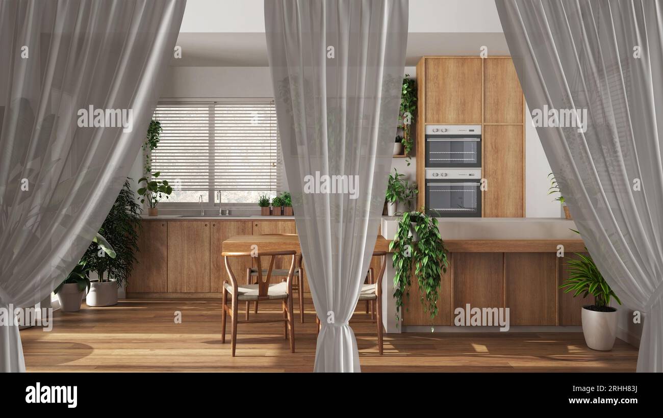 White openings curtains overlay dining room and kitchen, interior ...