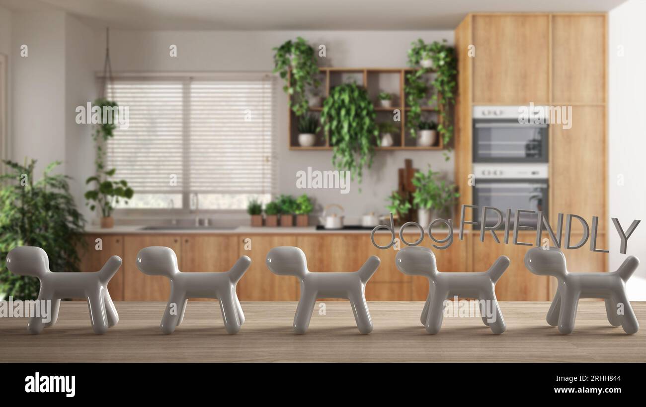 Wooden table top or shelf with line of stylized dogs, dog friendly ...