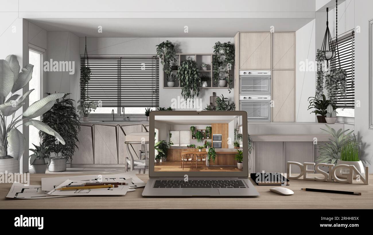 Architect designer desktop concept, laptop on wooden work desk with ...