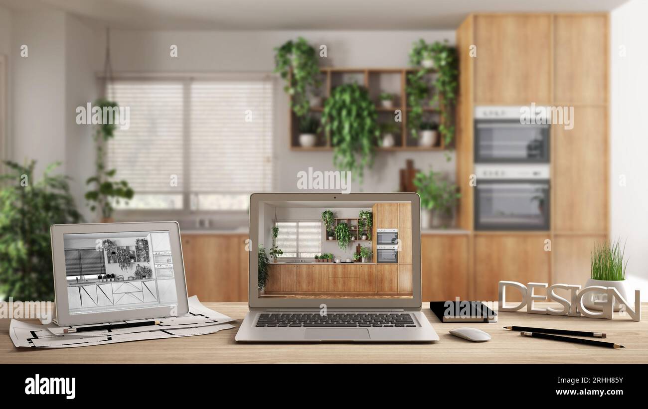 Architect designer desktop concept, laptop and tablet on wooden desk ...