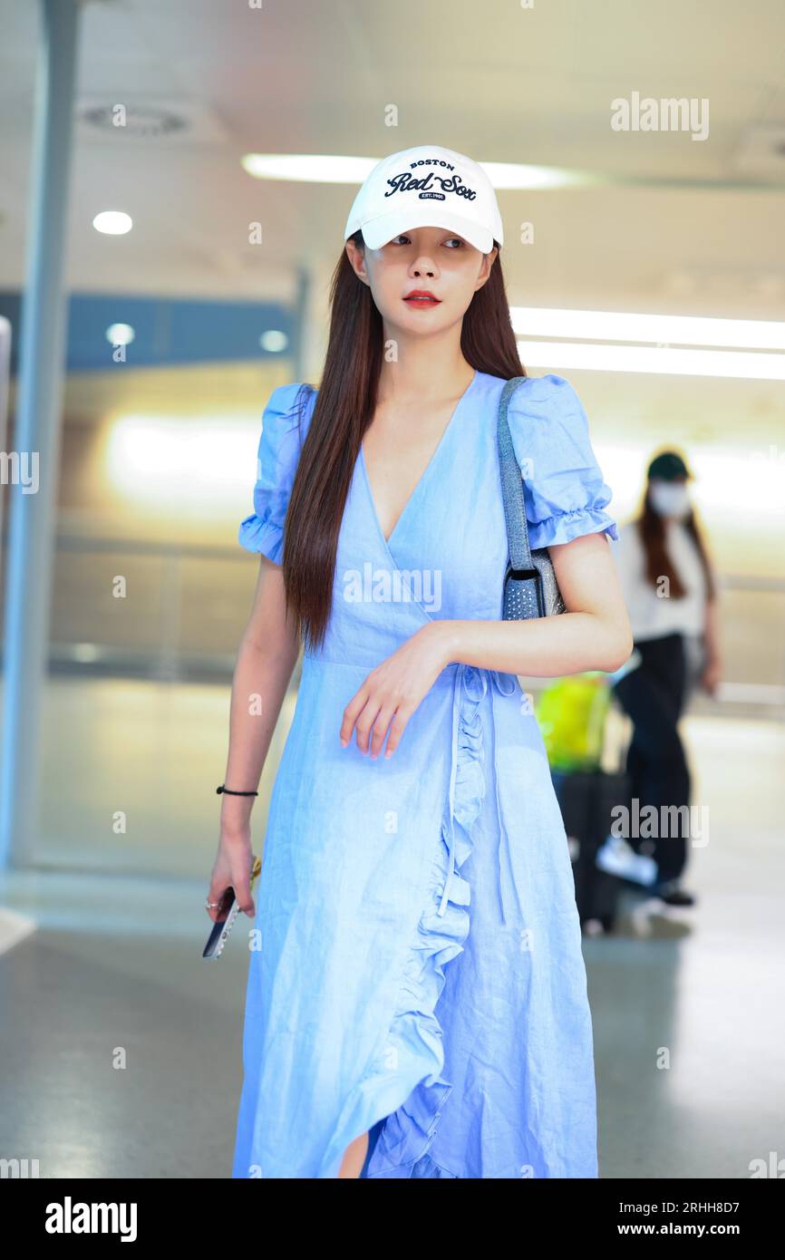 Chinese actress, host, and model Shen Mengchen appears at the airport in Shanghai, China. 15th ...