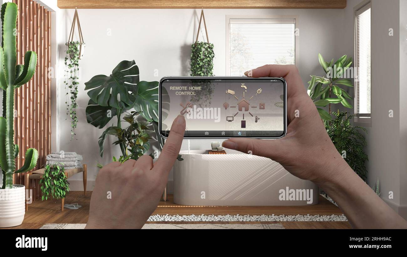 Device with app icons. Smart home control concept, hand controlling ...