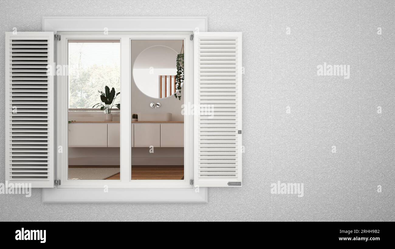 Exterior plaster wall with white window with shutters, showing interior ...