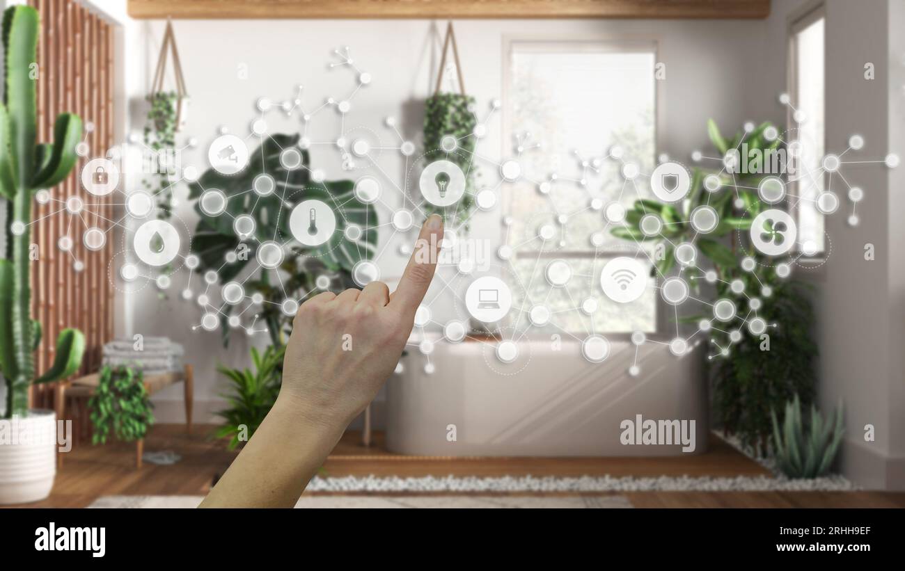 Glowing smart home interface, geometric background, connected line and ...