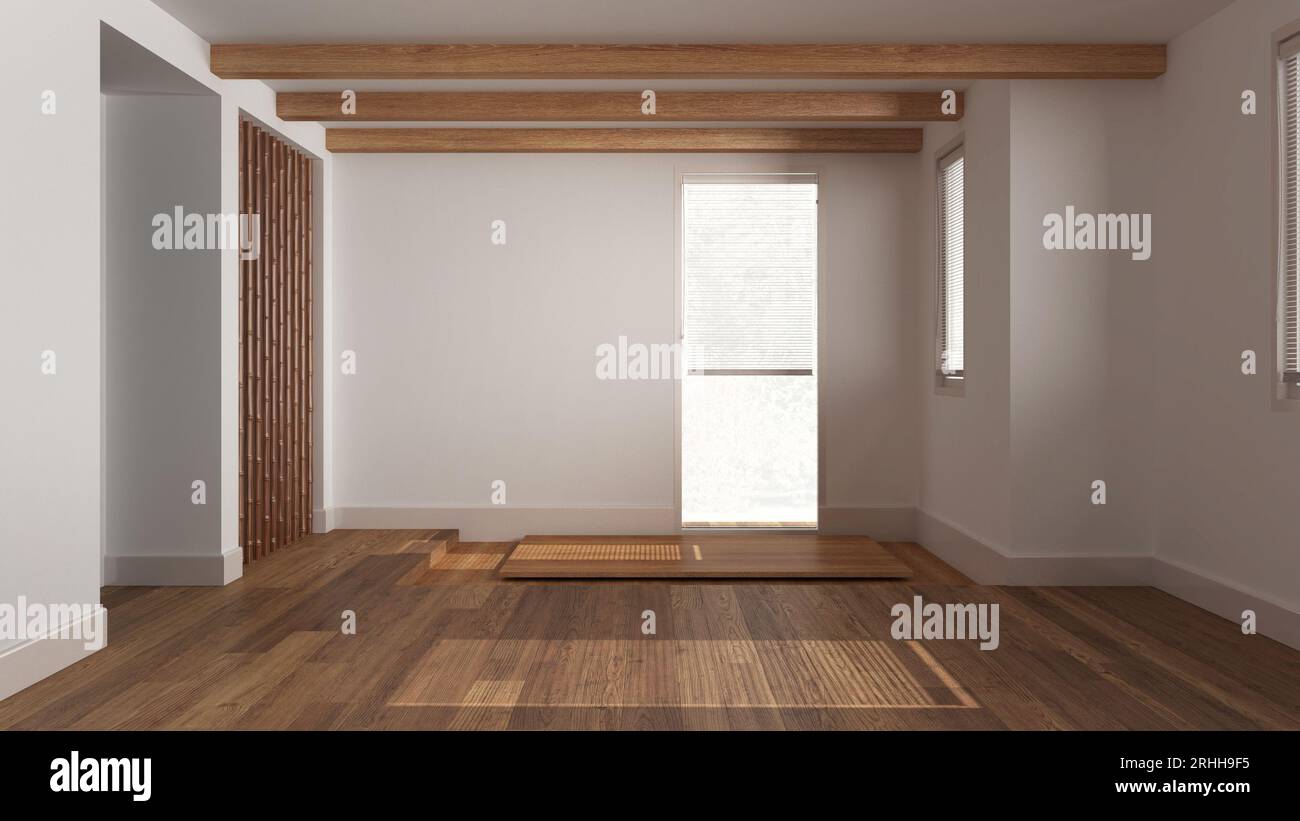 Wooden empty room interior design, open space with parquet floor ...