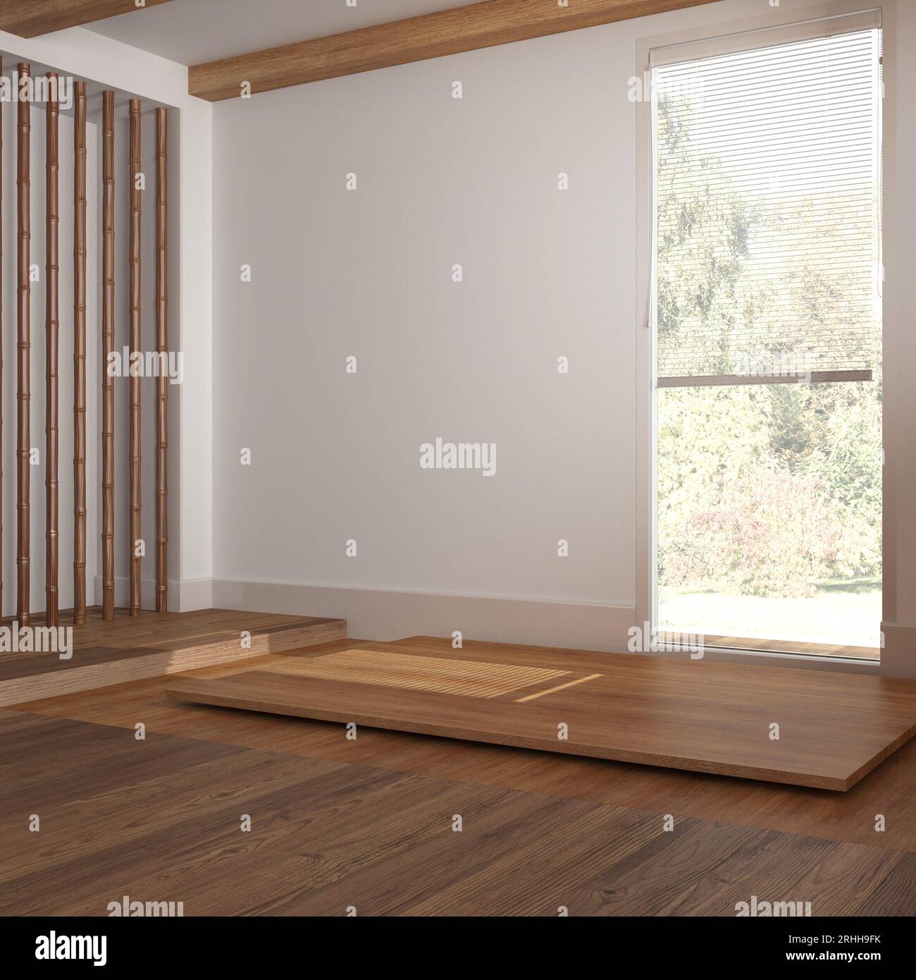 Wooden empty room interior design, open space with parquet floor ...